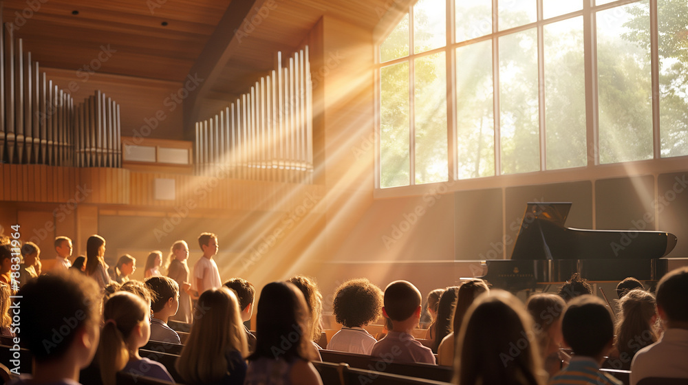 A school assembly with children singing hymns, accompanied by a piano ...