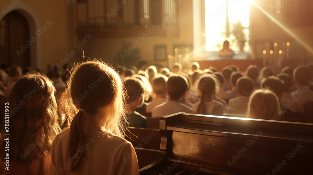 A school assembly with children singing hymns, accompanied by a piano ...