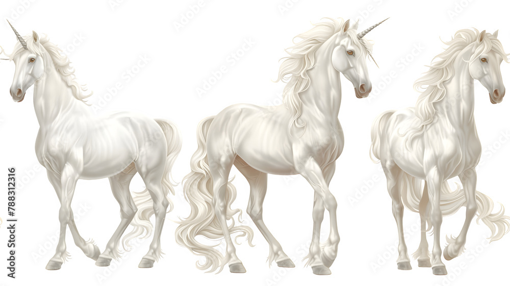 Realistic White Unicorns with Different Poses Isolated on White ...