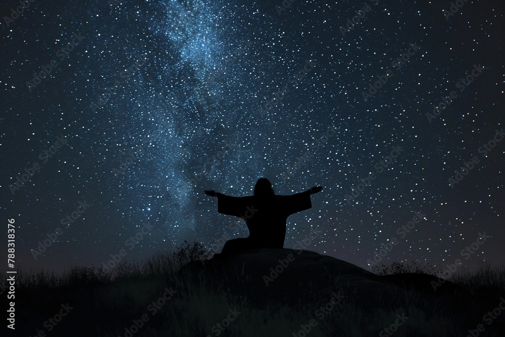 Beneath a starry sky, Jesus lies prostrate on a hilltop, arms ...