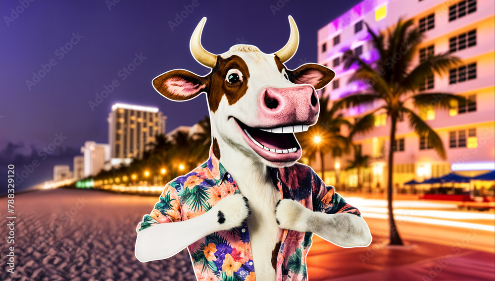 cutout collage poster of a smiling happy hipster cow bull stylishly ...