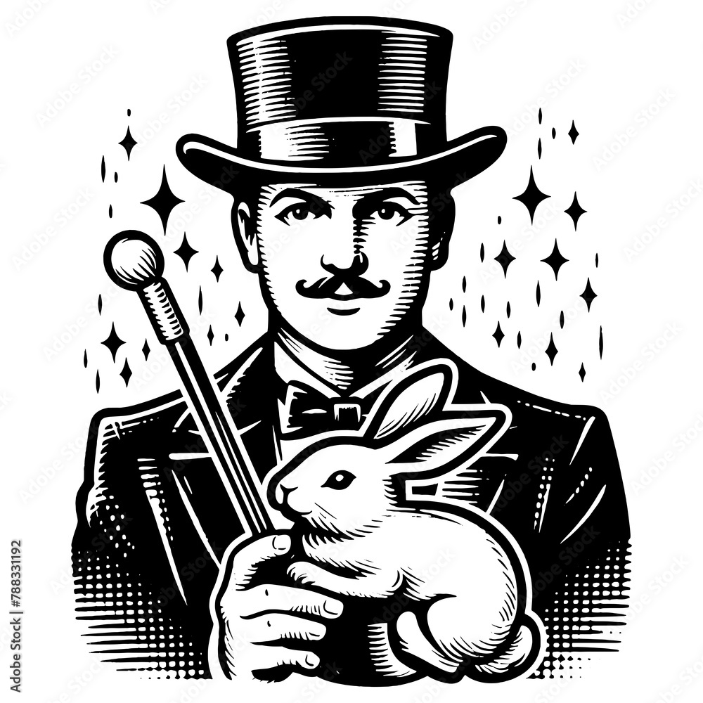 vintage magician holding a rabbit and a magic wand sketch engraving ...