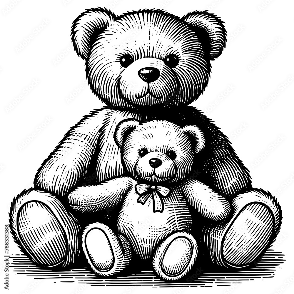 two teddy bears, a parent and child, in a warm embrace sketch engraving ...