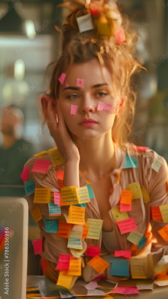 Female startup founder, clad in post-it note suit, sips coffee amidst ...