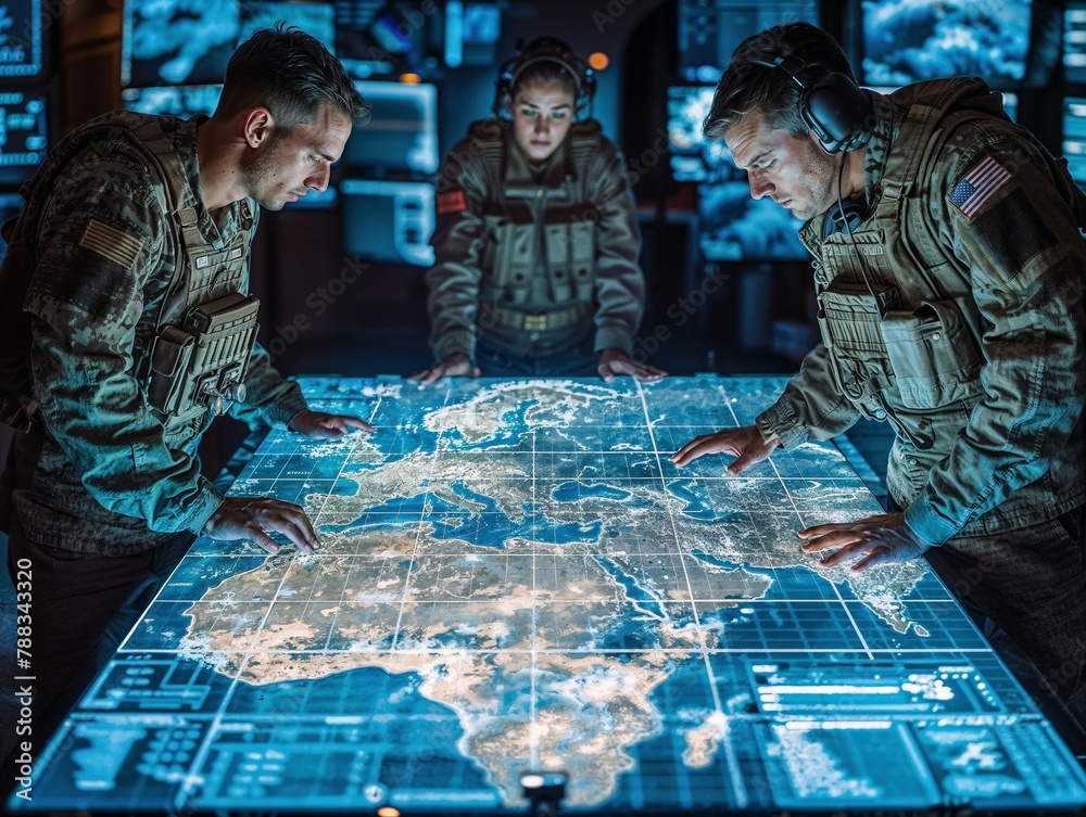 In a dimly lit tactical operation room, military intelligence experts ...
