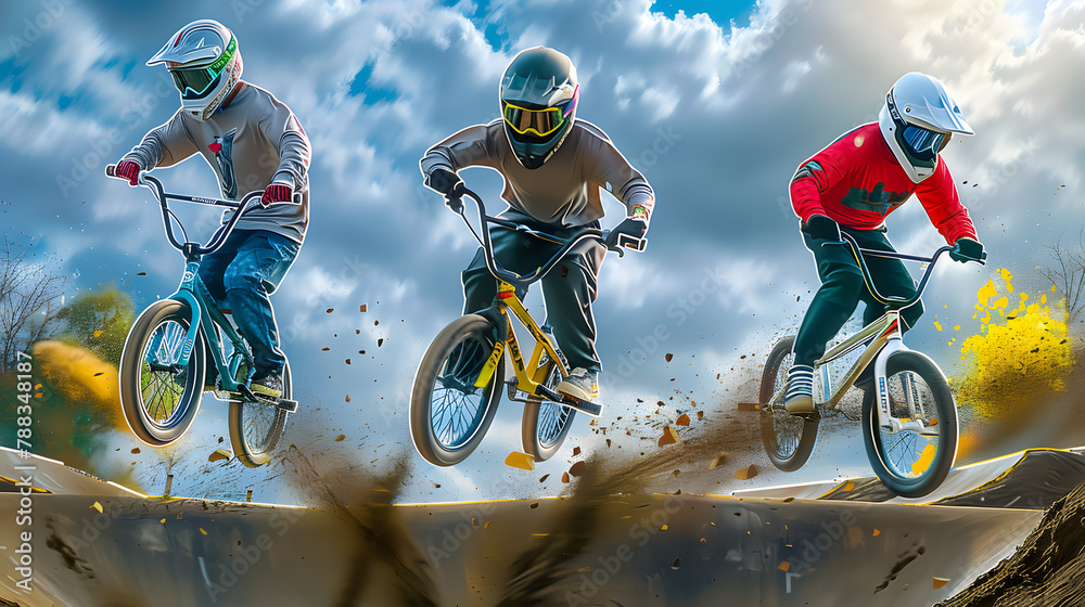 BMX riders in action, soaring off a dirt ramp under a cloudy sky ...