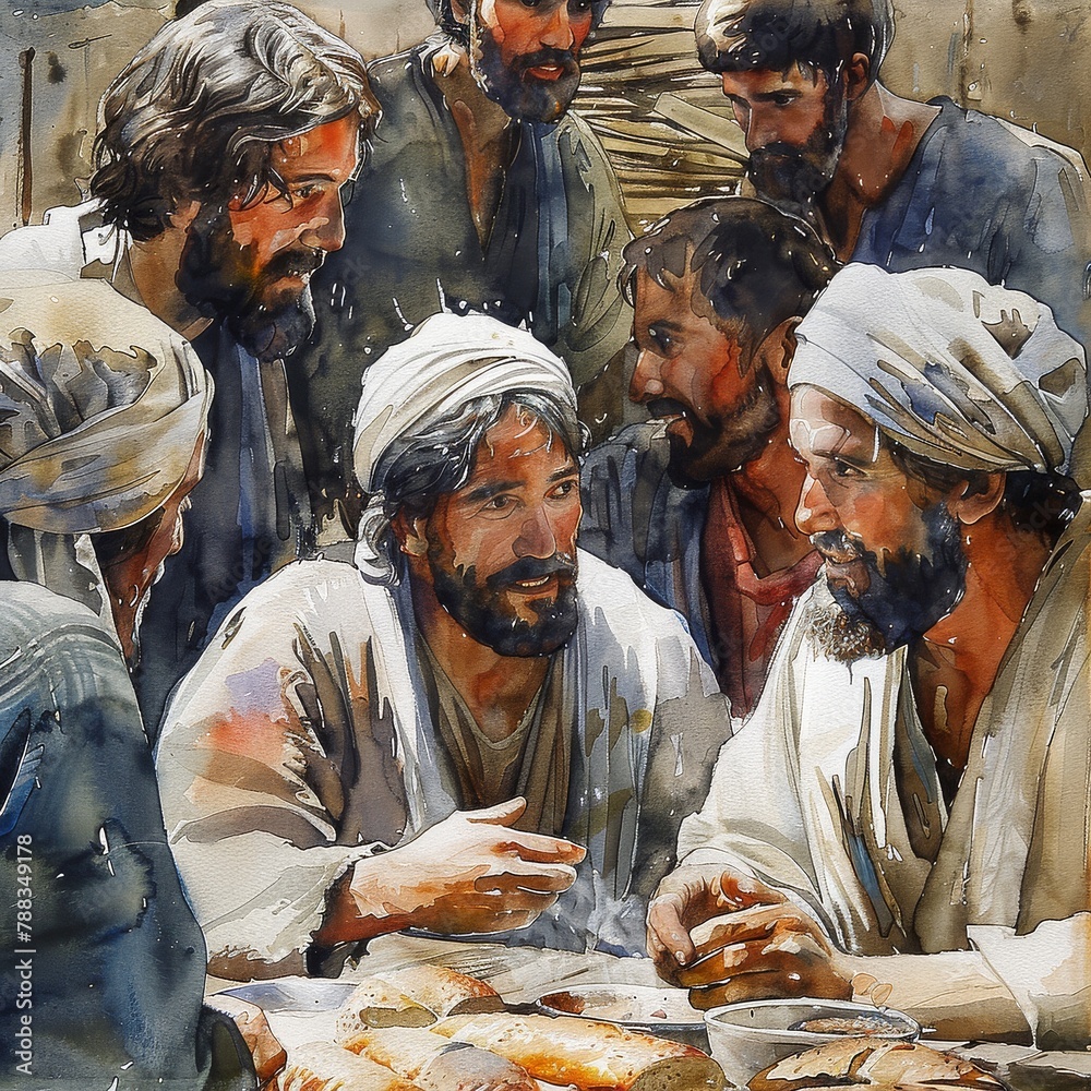 Pictorial representation of Jesus breaking bread with his disciples ...