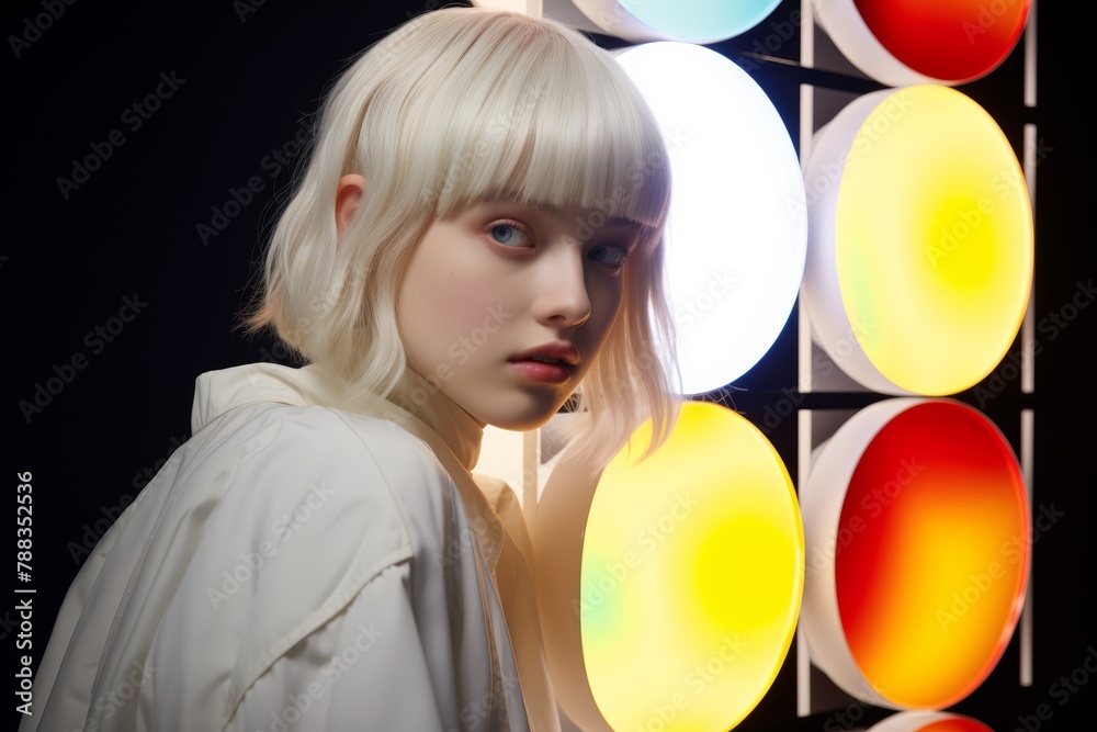 A beautiful white haired woman is advertising the new models and colors ...