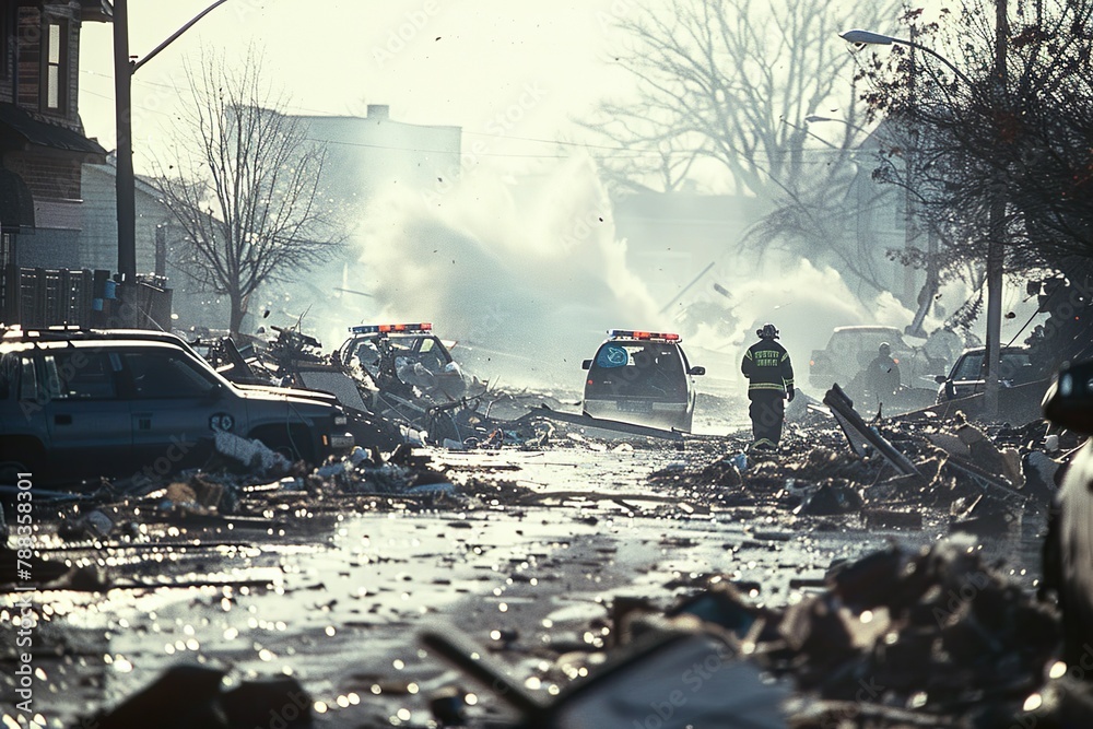 Emergency services navigate a debris-filled street following a disaster ...