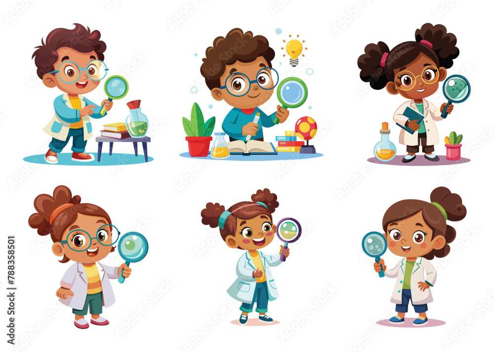 Little scientist chemist exploring with magnifying glasses, vector ...