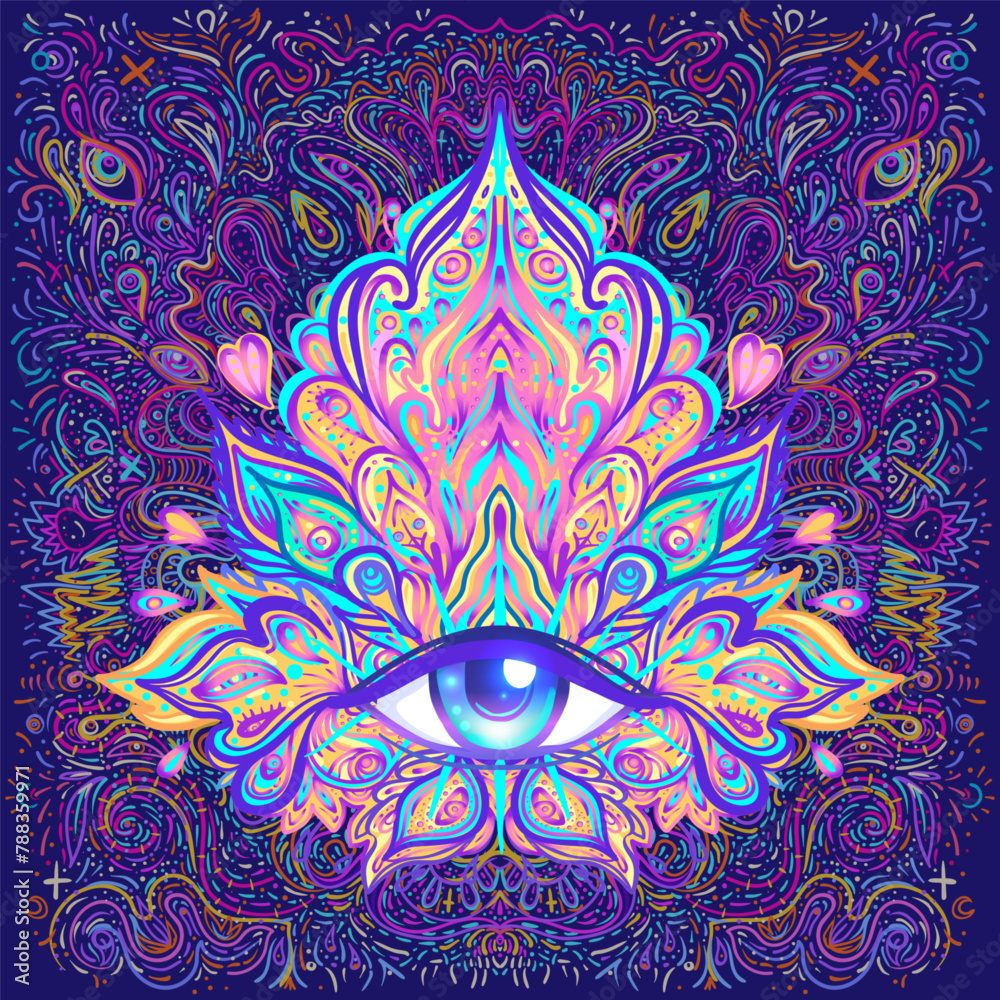Sacred geometry symbol with all seeing eye over in acid colors. Mystic ...