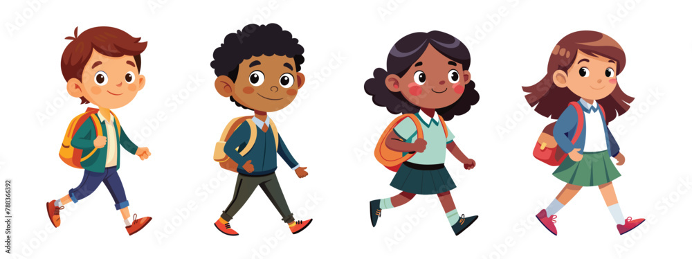 Diverse group of children go back to school with backpacks, vector ...