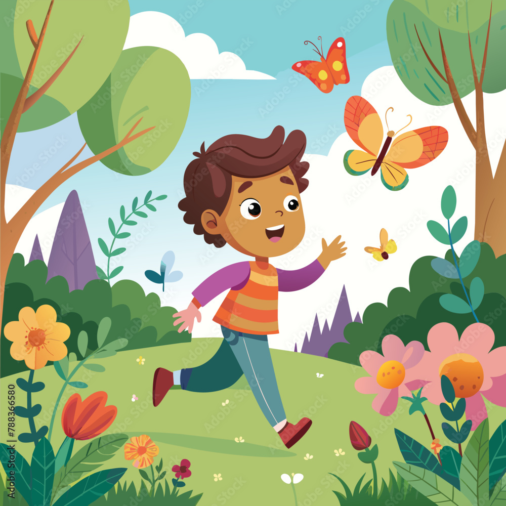 Joyful child chasing butterflies in a flower field, vector cartoon ...