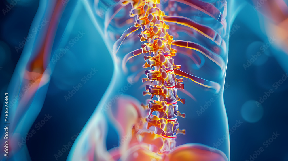 Human spine in x-ray on blue background. The neck spine is highlighted ...