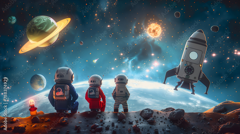 cartoon 3d style Children in space with spaceships and astronauts Stock ...