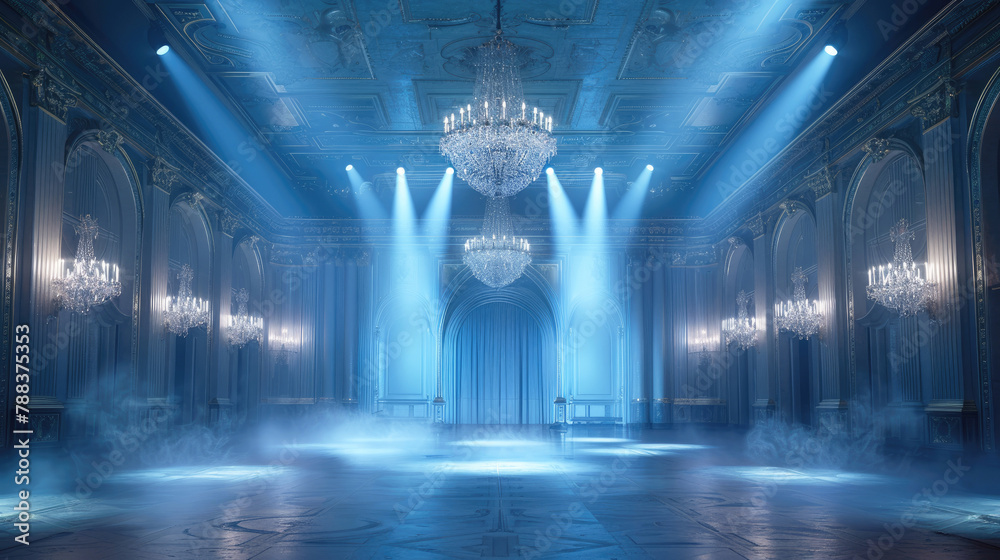 Empty scene, performing stage, hall of renaissance period style, blue ...