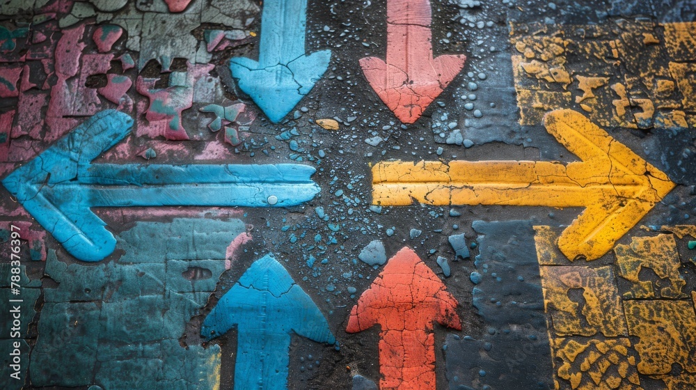 Colorful arrows painted on the wall of an abandoned building ...
