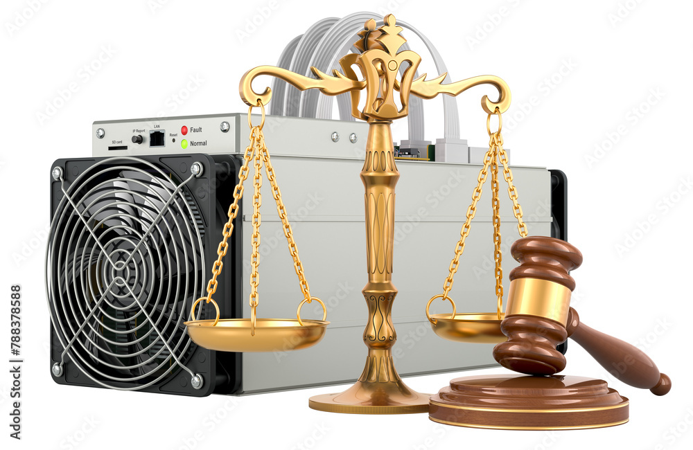 ASIC miner with wooden gavel and scales of justice. 3D rendering ...