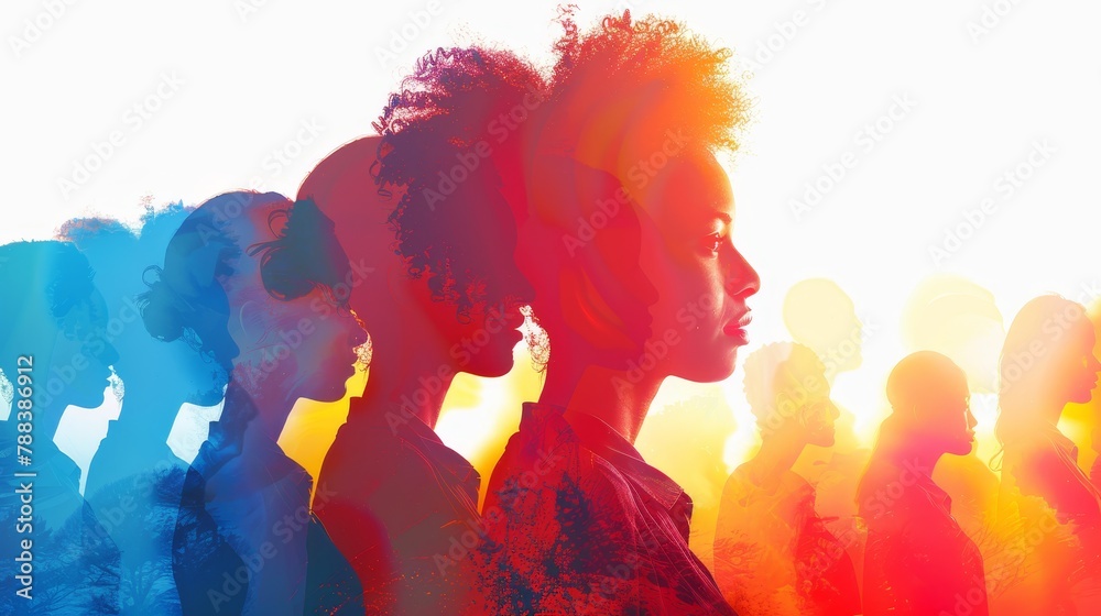 A group of people are shown in a colorful blur, with one woman standing ...