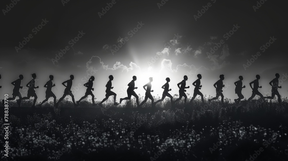 A group of runners are running in a field. The image is in black and ...