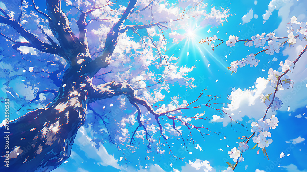 Sunburst Through Blossoms A radiant sun flares through delicate cherry ...