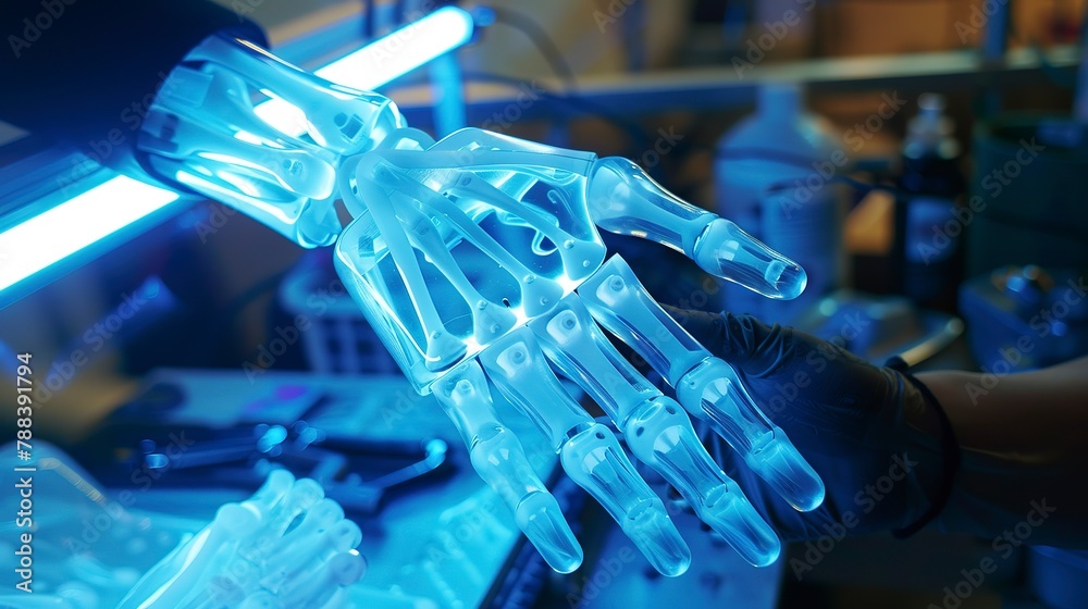 3D printed prosthetic hand being assembled, bright LED lighting, close ...