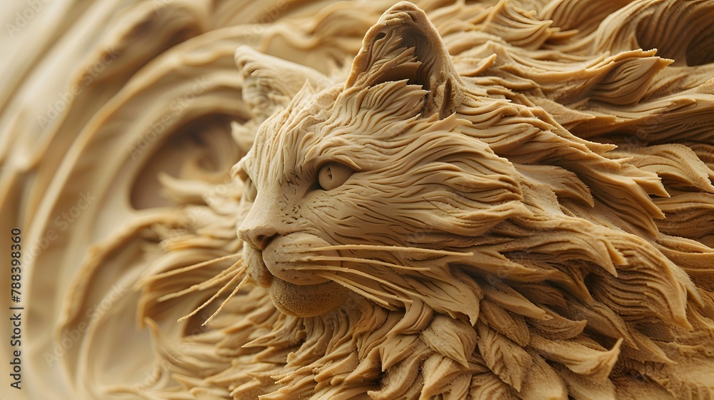Wall-mounted sand sculpture in the shape of a cute furry cat. Stock ...