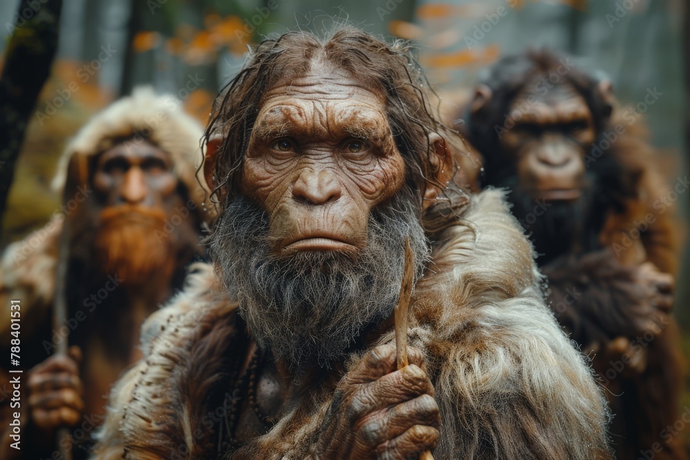 A group of prehistoric humans with realistic costumes and tools ...