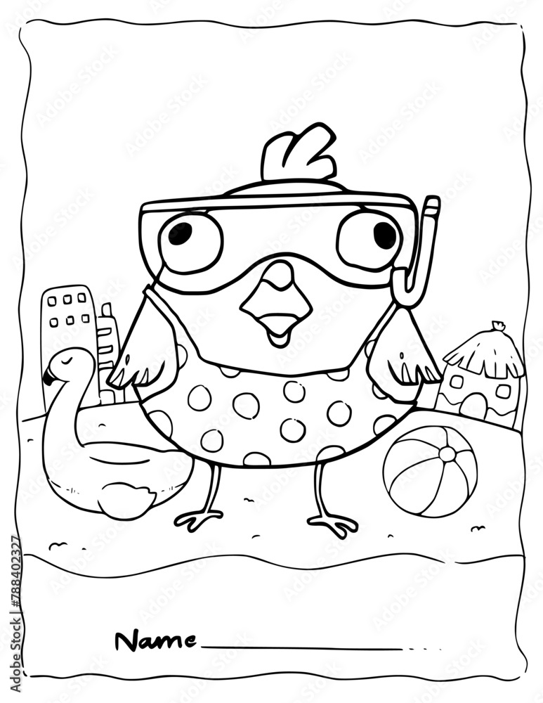 Summer, chicken on the beach, Coloring Pages For Kids, digital painting ...