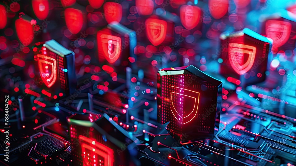 Abstract depiction of firewalls and barriers safeguarding digital ...