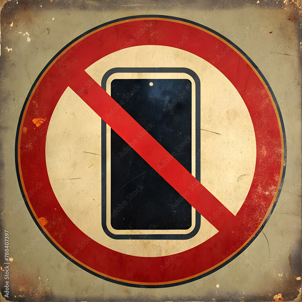 Vintage-style no cell phone sign, a mobile device within a prohibited ...