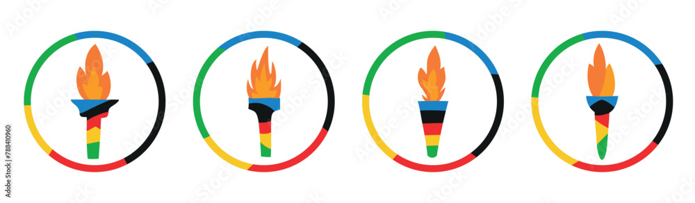 Set of burning torches with flame in round frame. Symbol of competition ...