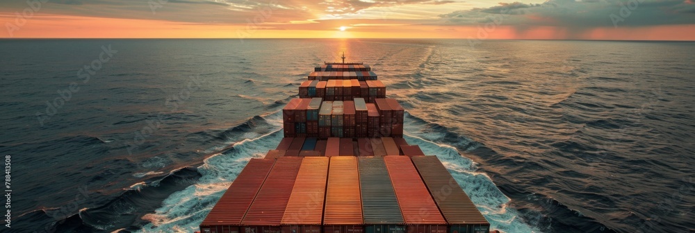 Cargo container ship floating on the high seas, its hull loaded with ...