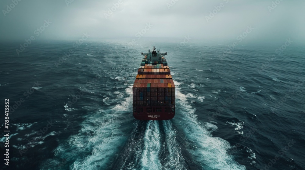 Cargo container ship floating on the high seas, its hull loaded with ...