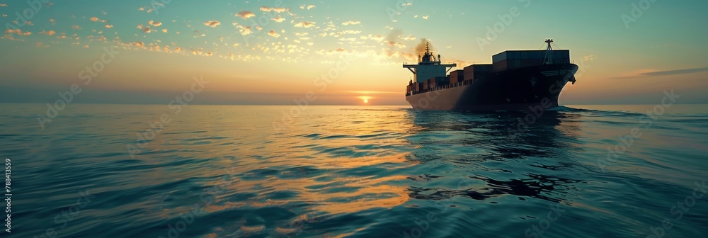 Cargo container ship floating on the high seas, its hull loaded with ...