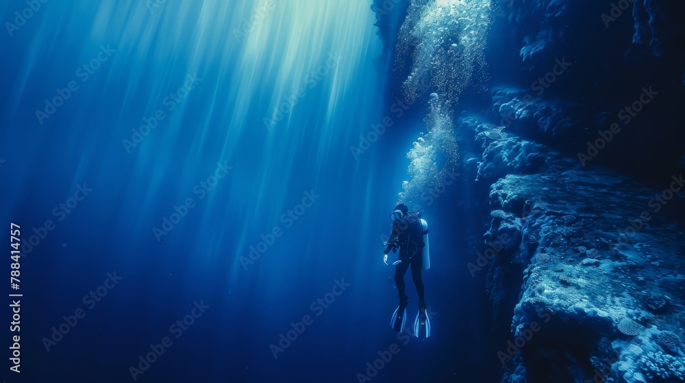 Scuba diver hovers on the edge of an abyss, the boundless expanse of ...