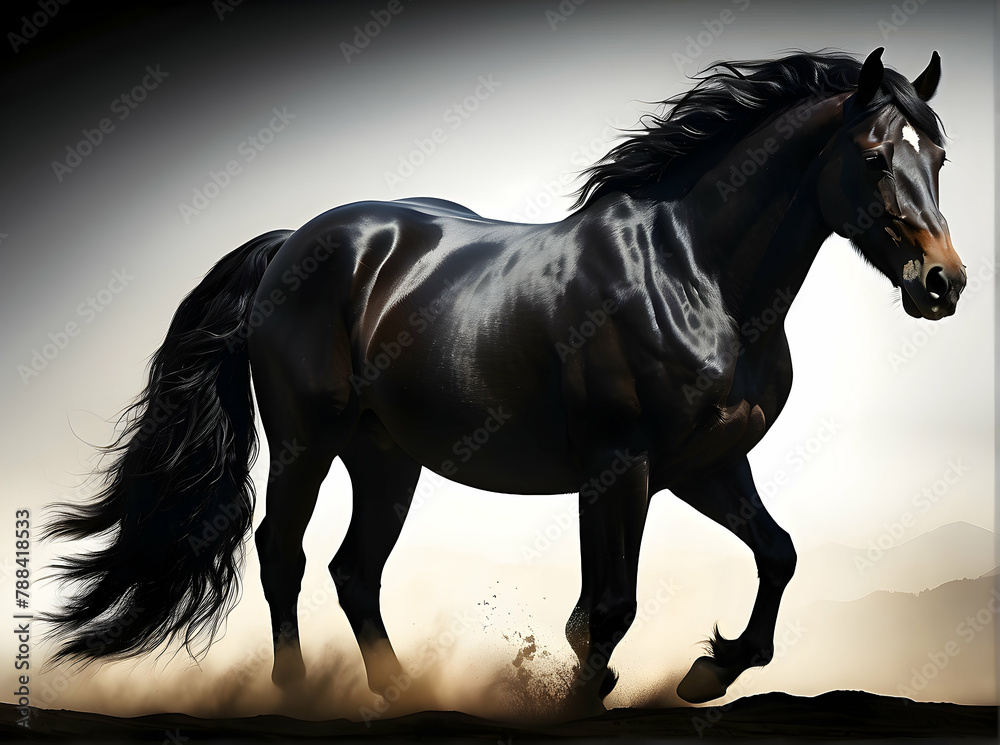 A striking image of a robust, black horse in full gallop, its muscle ...