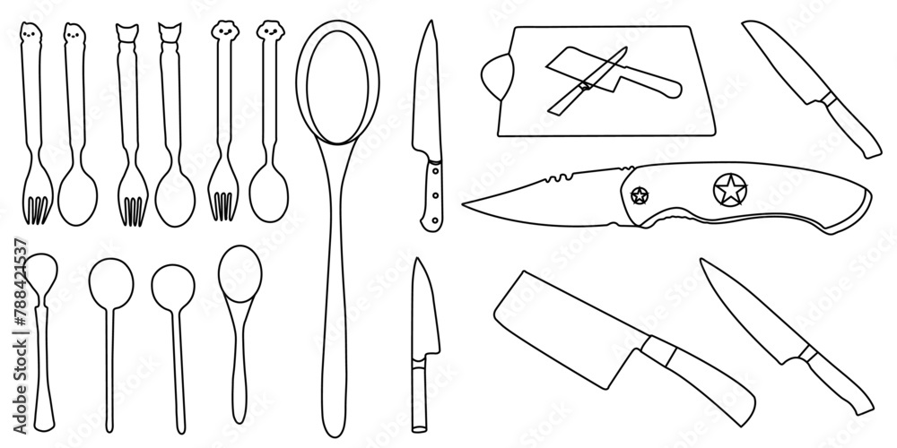 Line Drawing. Spoons, Knife Cooking Utensils Line Art Style for Logos ...