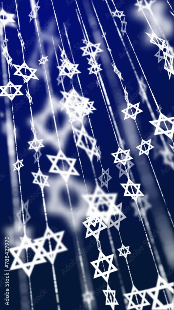White hexagonal Star of David symbols on blue background. Blurred ...