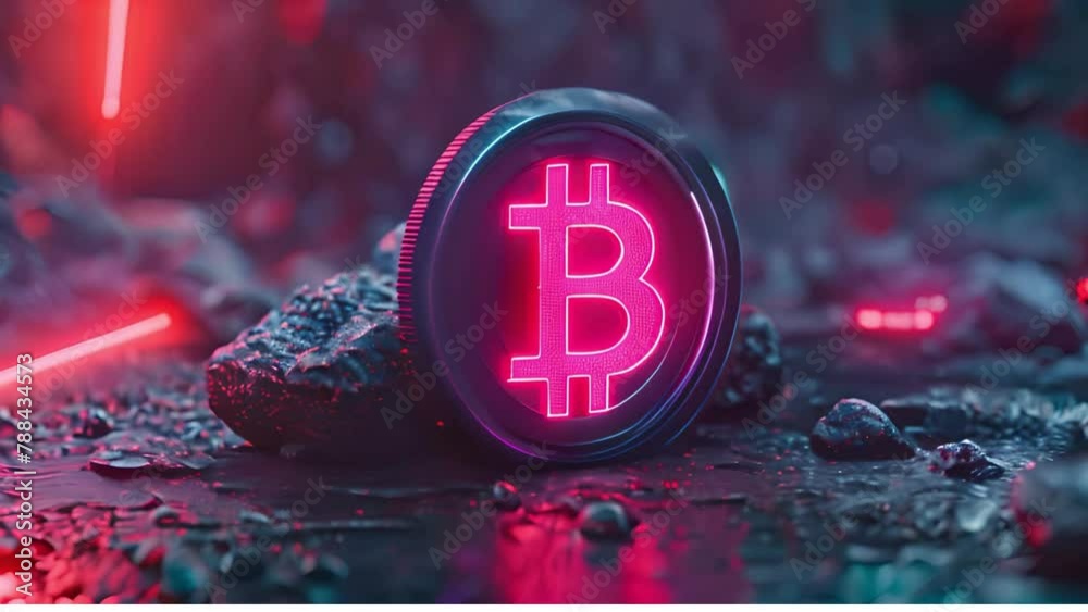 A neon bitcoin logo glowing in the dark surrounded by rocks and mud, in ...