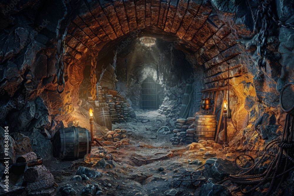 A digital painting of a hidden vault deep underground, illuminated by ...