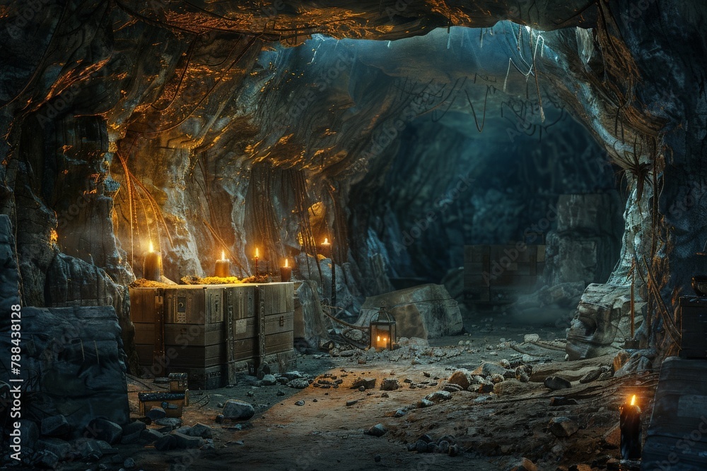 A digital painting of a hidden vault deep underground, illuminated by ...