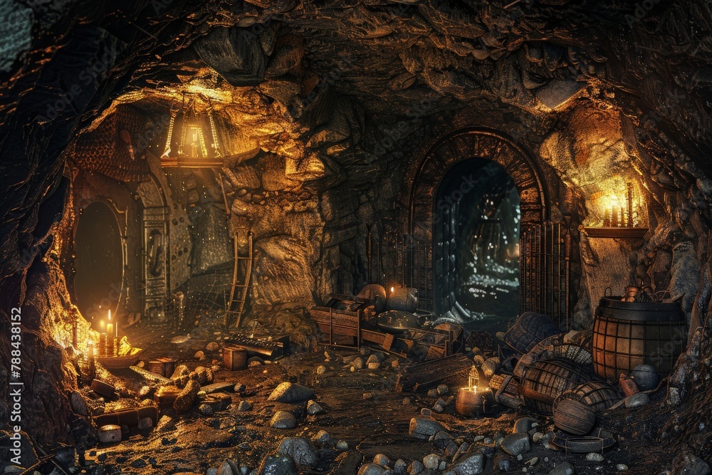 A digital painting of a hidden vault deep underground, illuminated by ...