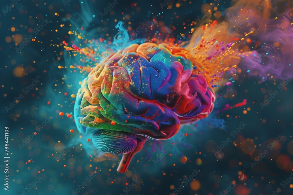 A photo of a brain with colorful paint splatters exploding outwards ...