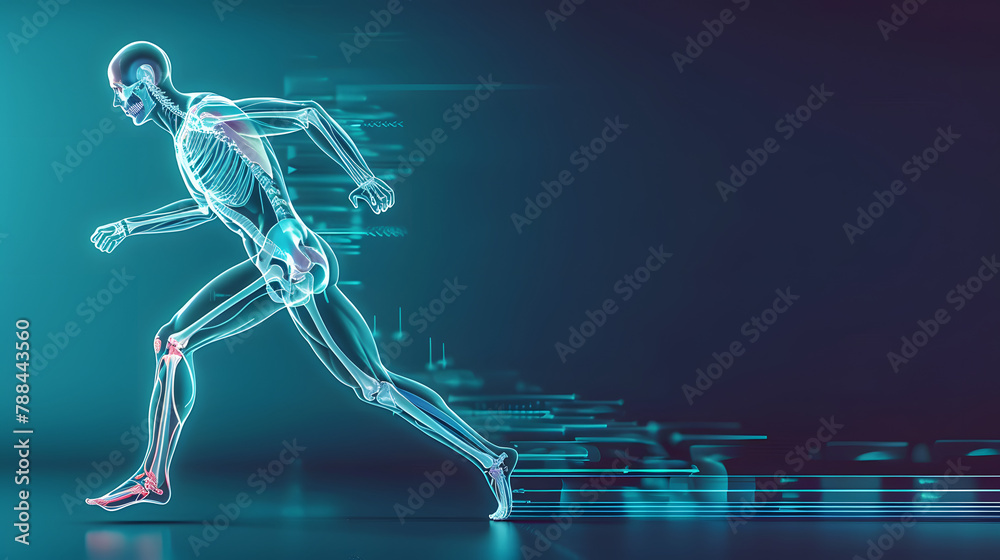 Orthopedic technology concept, x-ray interface, graphic of running man ...