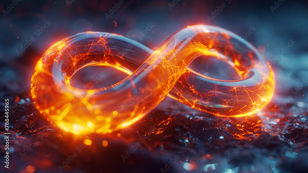 This image features an infinity symbol ablaze with a fiery glow, set ...