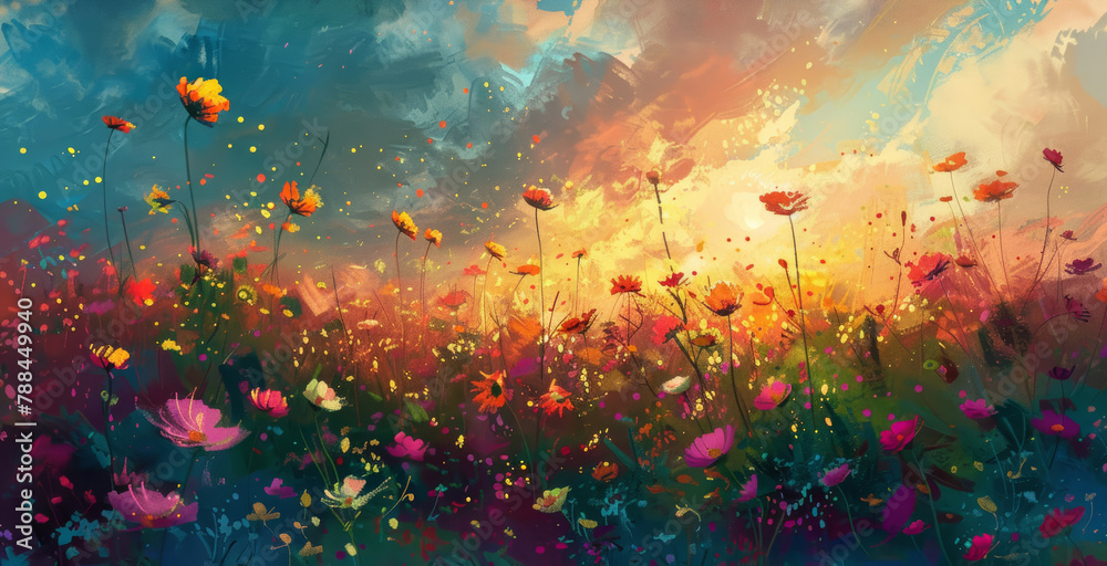 Flowers, painting and sunset landscape with field in nature in spring ...