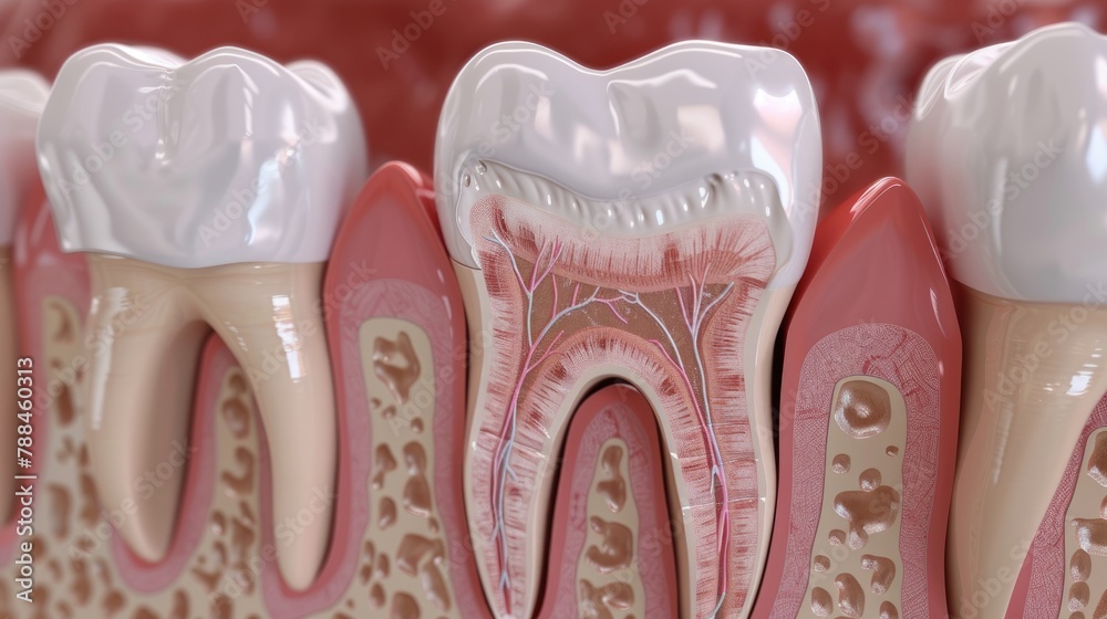 A hyper-realistic 3D rendering of a tooth cross-section, highlighting ...