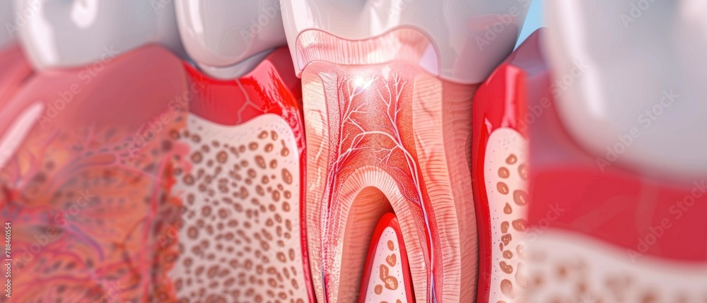 A hyper-realistic 3D rendering of a tooth cross-section, highlighting ...