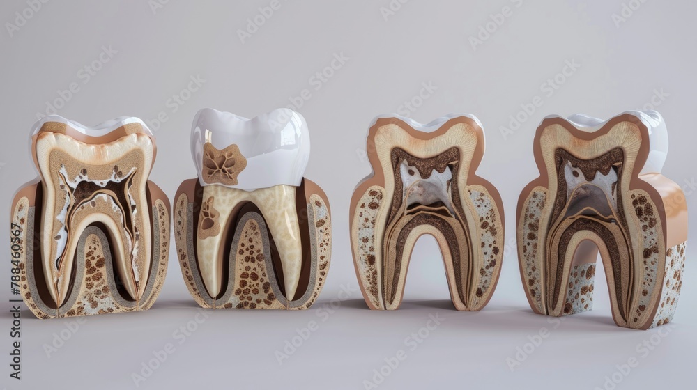 A 3D visual of a series of teeth in cross-section, showing different ...
